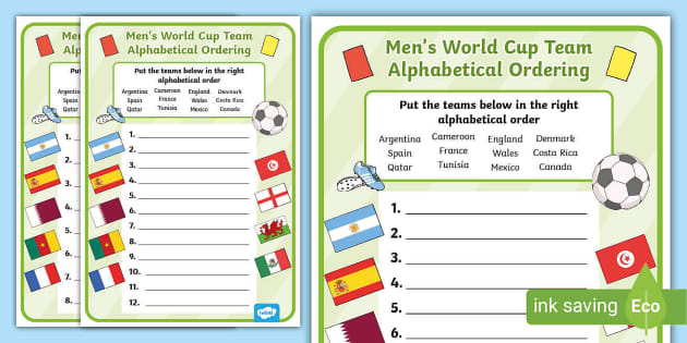Men's World Cup Team Alphabet Ordering Worksheet - Twinkl