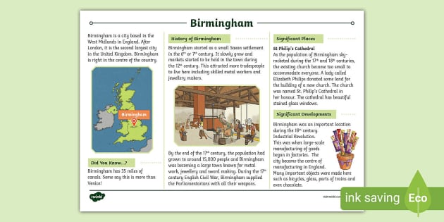 Birmingham Local History Fact File - KS2 - England - Twinkl