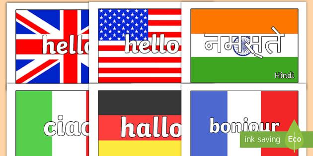 Hello in Multiple Languages Flag Posters - flags, hello, display, languages