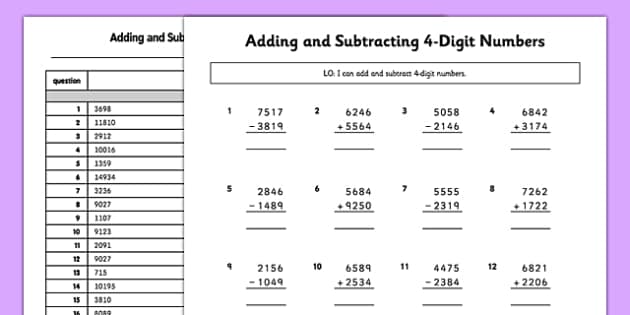 4 Digit Addition And Subtraction Worksheets