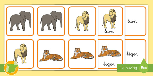 A2 Tarjetas de emparejar: Animales del zoo en inglés