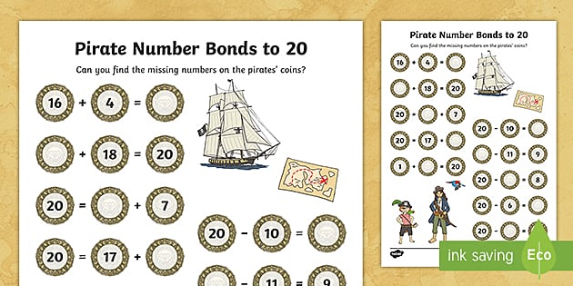Pirate-Themed Number Bonds to 20 Worksheet (teacher made)