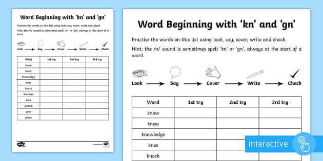 Year 2 Spelling Practice /n/ spelled 'kn' and 'gn' Worksheet