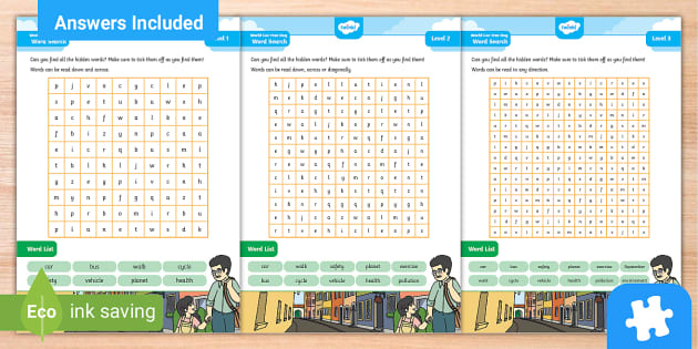 World Car Free Day Word Search Puzzle Pack - Kids Puzzles