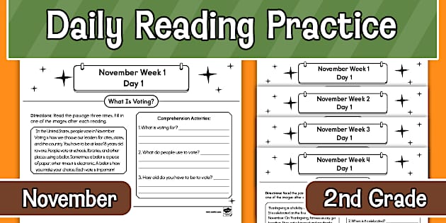 November Second Grade Daily Reading Comprehension Mats