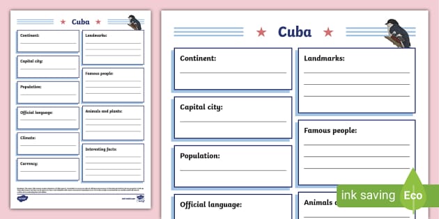 Cuba Fact File Template, Cuba, Caribbean (teacher made)
