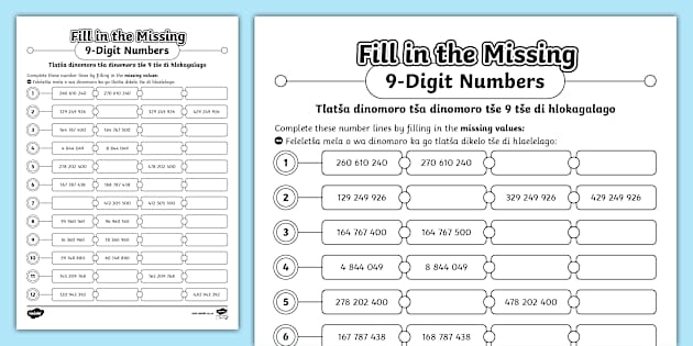 Fill in the Missing 9-Digit Numbers Activity Sheet Sepedi