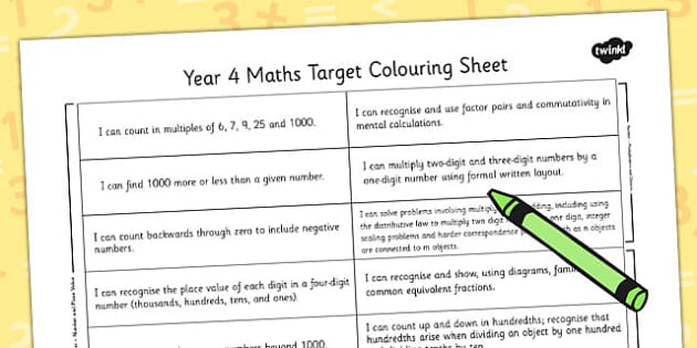 2014 National Curriculum Year 4 Maths Target Colouring Sheet - numeracy