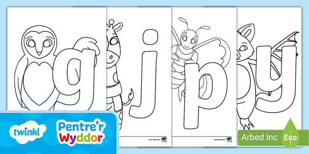 Taflenni Lliwio Llythrennau Oren Pentre'r Wyddor - Twinkl
