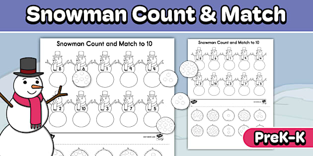 Snowman Count and Match to 10 Cut and Paste Worksheet