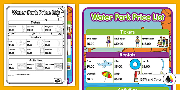 Water Park Dramatic Play Price List Sign (teacher made)