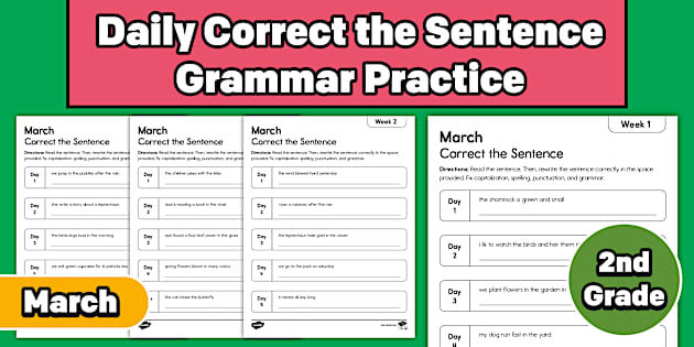 Second Grade March Daily Correct the Sentence Grammar Practice