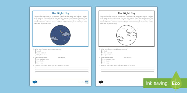 First Grade The Night Sky Reading Passage Comprehension Activity