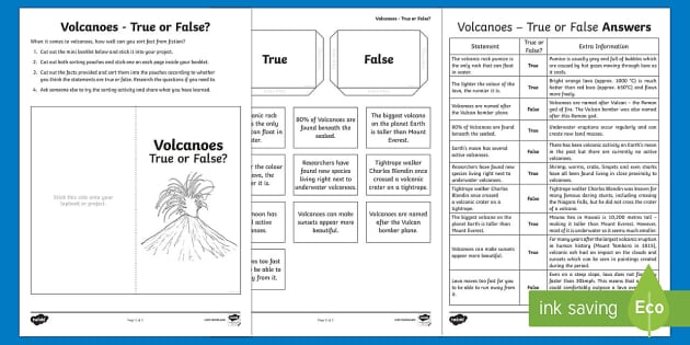 Volcanoes True or False Sorting Worksheet / Worksheet