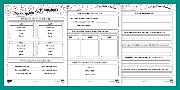 Place Value to Thousands Worksheet for K-2nd Grade - Twinkl