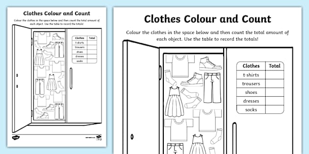 Clothes Colour and Count Worksheet (teacher made) - Twinkl