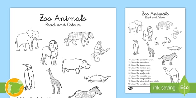 Ficha de actividad: Lee y colorea los animales del zoo en inglés