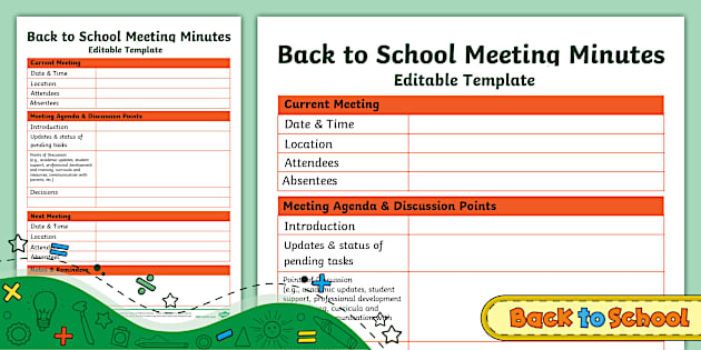 Back to School Meeting Minutes Editable Template - Twinkl