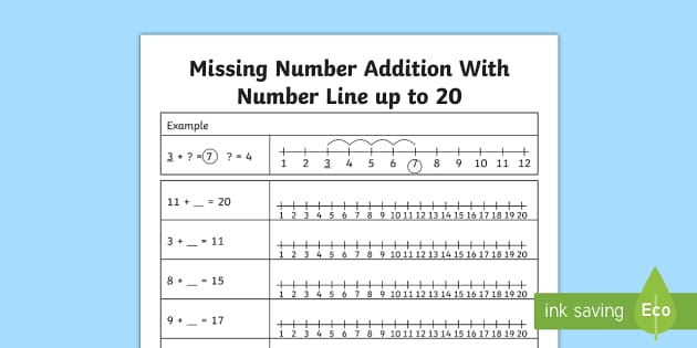 Missing Number Addition With A Number Line Up To 20 Worksheet Worksheet