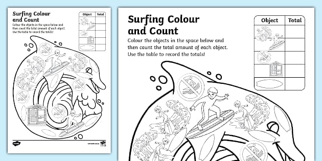 Surfing Colour and Count Worksheet - Twinkl