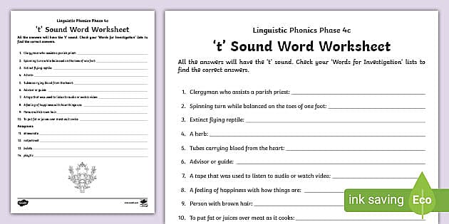 Linguistic Phonics Phase 4c 't' Sound Word Worksheet
