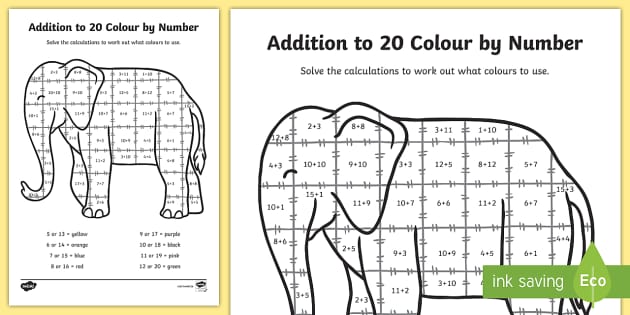 Colour by numbers addition to 20 | worksheet | easy to print