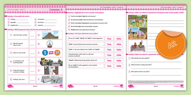 ESL Curriculum Level 7, Lesson 4 Worksheet (teacher made)