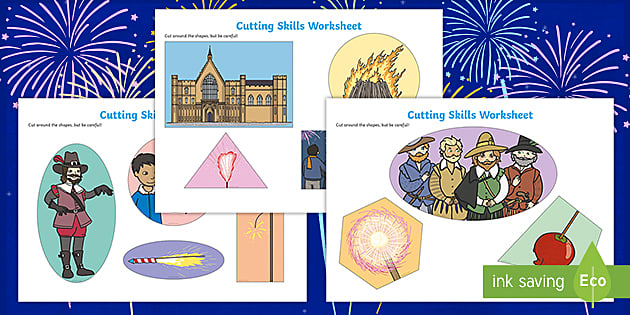 Bonfire Night Themed Cutting Skills Worksheet - fine motor skills