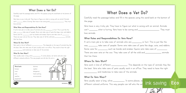 Second Grade What Does a Vet Do? Cloze Reading Worksheet