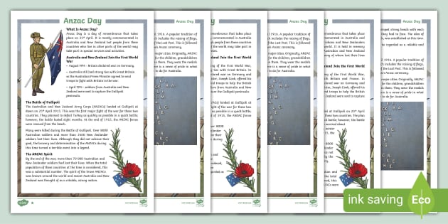 Anzac Day Differentiated Reading Comprehension Activity