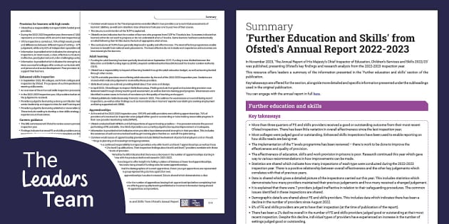 Summary: 'Further Education & Skills' Ofsted's Annual Report