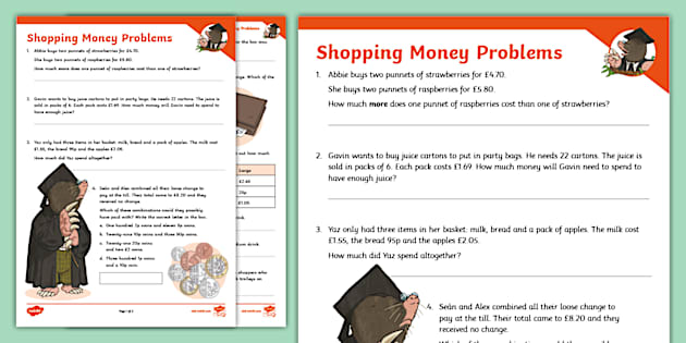 Shopping Money Problems Activity Sheets (teacher made)