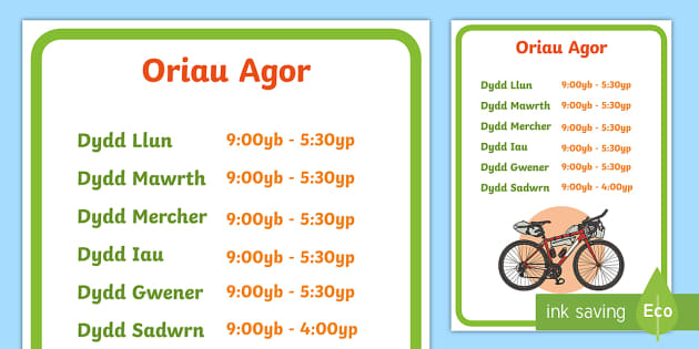 Bicycle Shop Opening Times (Welsh) (teacher made) - Twinkl