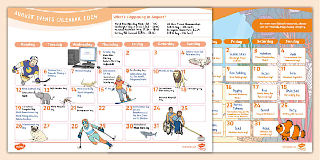 August Events and Play-Along Calendar Pack (2024) - Twinkl