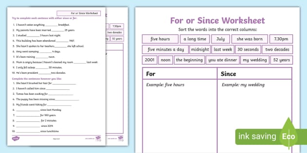 ESL For or Since Worksheet (teacher made) - Twinkl