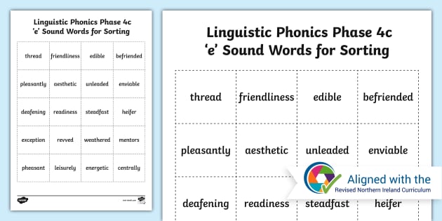 NI Linguistic Phonics Phase 4c 'e' Sound Words for Sorting
