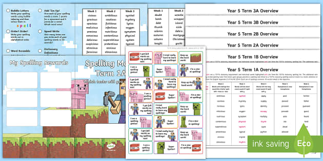 Year 5 Block Adventurer Themed Spelling Menu Pack - Twinkl