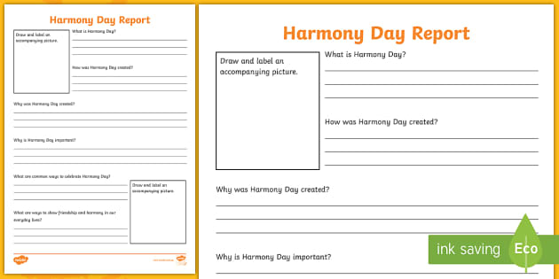 Harmony Day Report Writing Worksheet (Hecho por educadores)