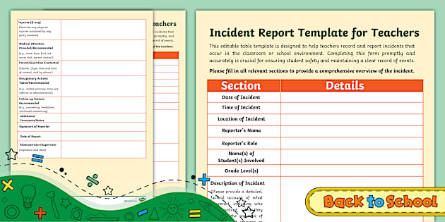 Incident Report Editable Template (teacher made) - Twinkl
