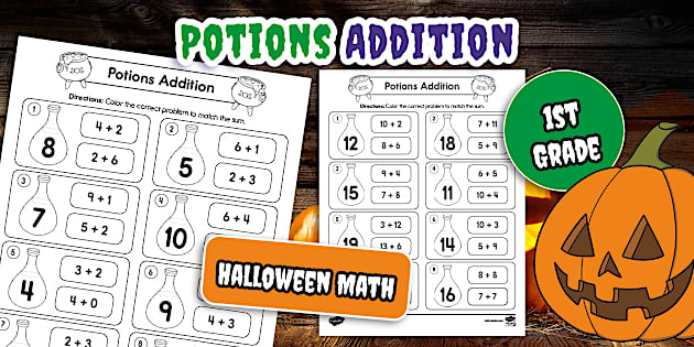 First Grade Halloween Potions Addition Worksheet - Twinkl
