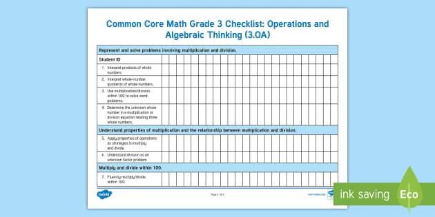 Common Core Math Third Grade Standards Student Checklist