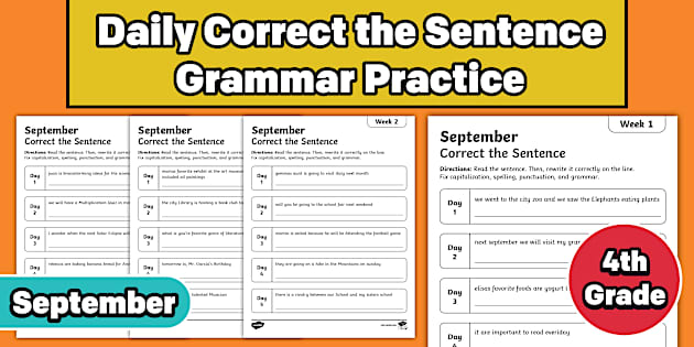 Fourth Grade September Daily Correct the Sentence Grammar Practice