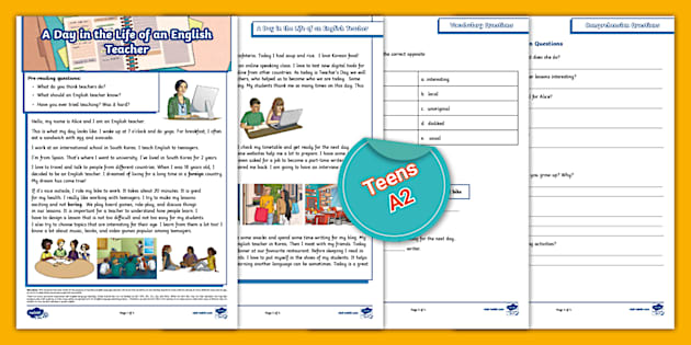 Twinkl ESL A Day in the Life of an English Teacher Reading Comprehension