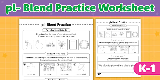 pl- Blend Practice Worksheet for K-1st Grade