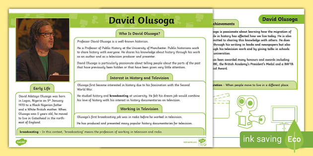 KS2 David Olusoga Fact File (Hecho por educadores) - Twinkl