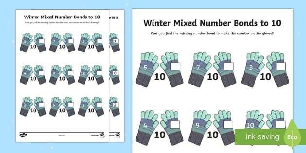 Winter Themed Mixed Number Bonds to 10 Worksheet / Worksheet