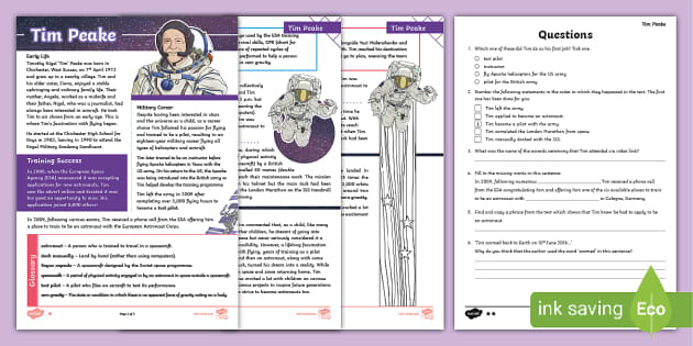 UKS2 Tim Peake Differentiated Reading Comprehension Activity