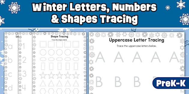 Winter Letters, Numbers, and Shapes Tracing Worksheets