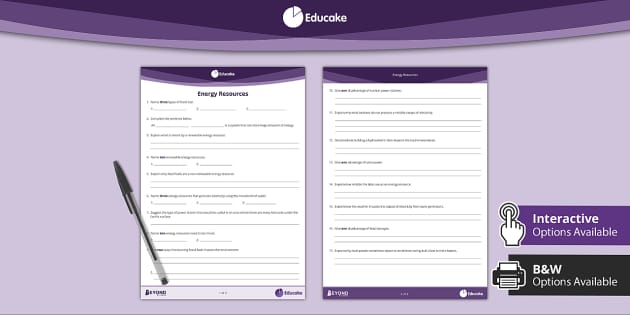 Energy Resources Worksheet | Educake (teacher made) - Twinkl