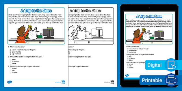 A Trip to the Store Reading Passage Comprehension Worksheet